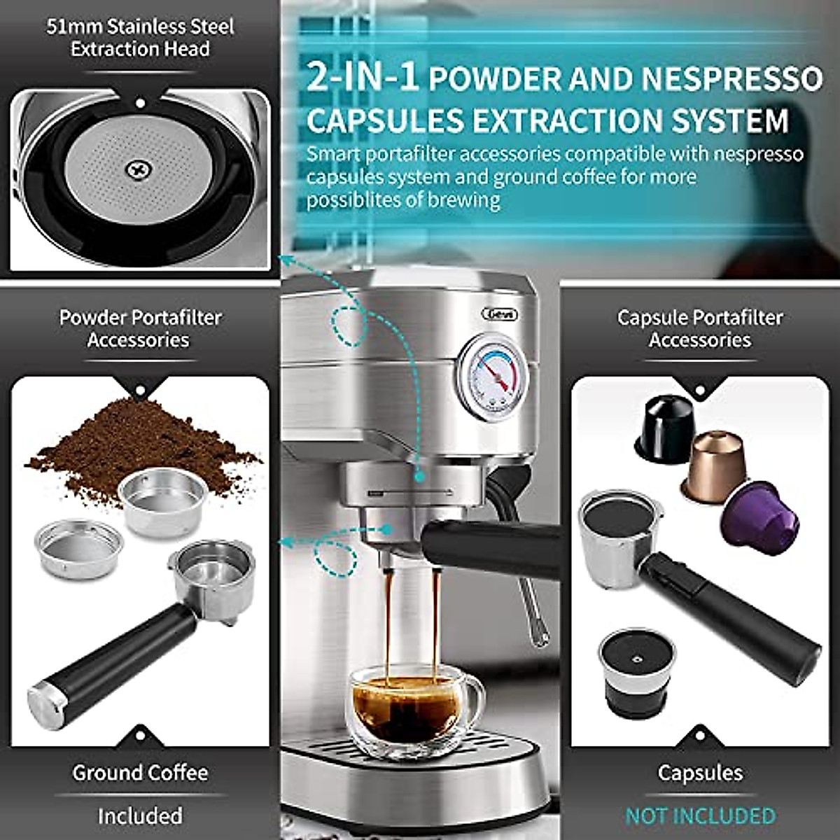 Gevi 20 Bar Compact Professional Espresso Coffee Machine with Milk Frother/Steam Wand for Espresso, Latte and Cappuccino, Stainless Steel, 35 Oz Removable Water Tank (Machine)