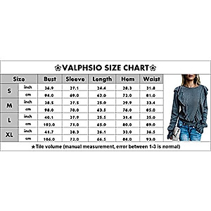 Valphsio Women's Long Sleeve Rib Ruffle Front Sweater Crewneck Puff Shirt Pullover Cute Tops (Large, White)