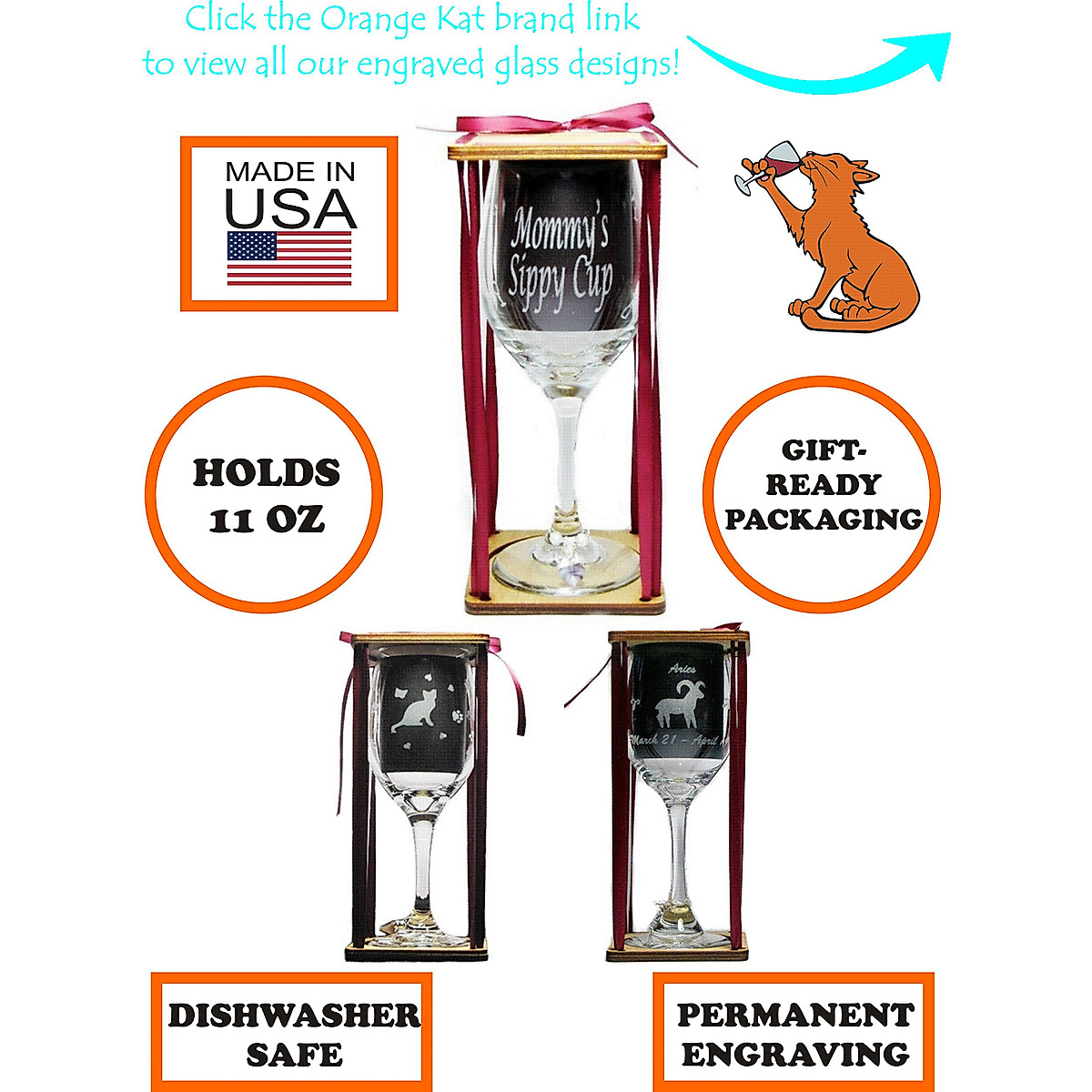 Cat Stemmed Wine Glass with Charm and Presentation Packaging