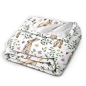 Rabbits and Flowers Throw Blanket Warm Cozy Lightweight Blankets Soft Easter Bunny Flannel Blanket for Sofa Couch Bed Office Holiday Decorative 80"X60"