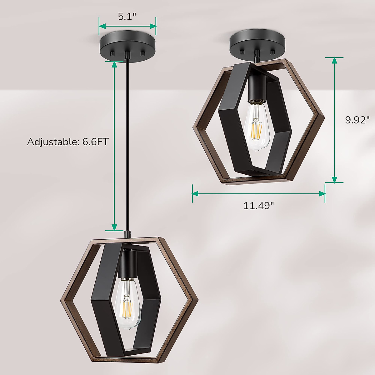 EDISHINE Pendant Lights for Kitchen Island, Farmhouse Hanging Light Fixture with Wood Grain and Black Finish, Adjustable Height Pendant Light for Kitchen Table, Hallway, Entry, cULus Listed