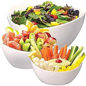 3 Piece Serving Bowl Set – Elegant White Porcelain Salad Bowls for Fruit, Salad, Pasta and Soup - Food Server Display Dishes for Party or Display - 24 oz. 34 oz. and 44 oz. - by DécorDine