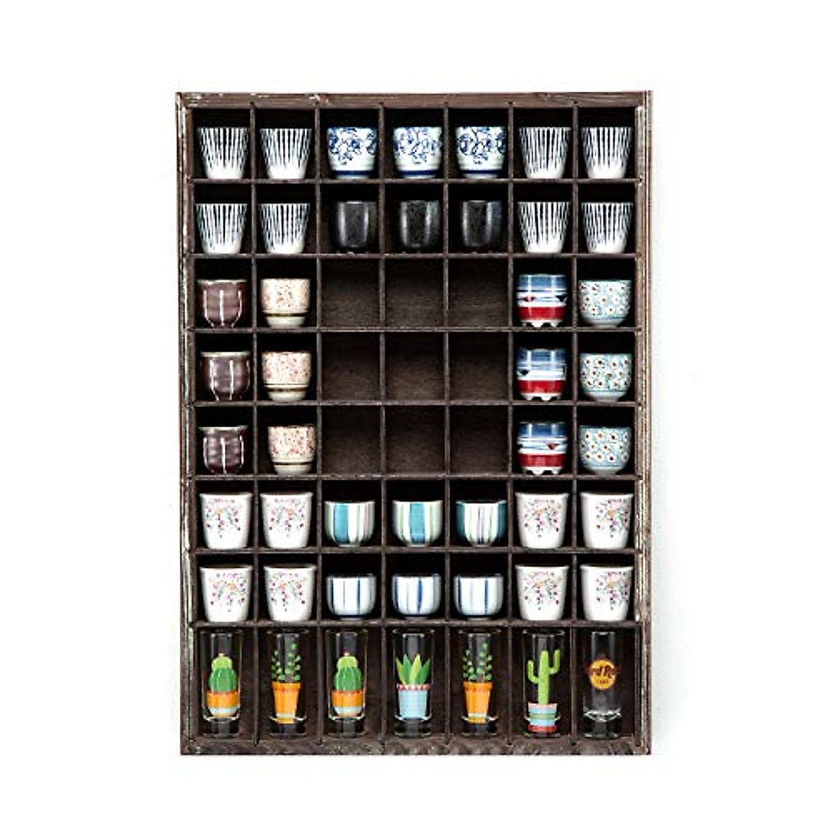 J JACKCUBE DESIGN - Rustic Wood Shot Glasses Display Case 56 Compartments Wall Mount Pint glass Shadow box Bar Cabinet Collection Freestanding - MK524A