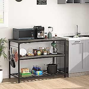 Homieasy Kitchen Island with Wine Glass Holder, Industrial Wood and Metal Coffee Bar Wine Rack Table, 3 Tier Spacious Kitchen Prep Table Extended Counter with Hooks Easy to Assemble, Black Oak