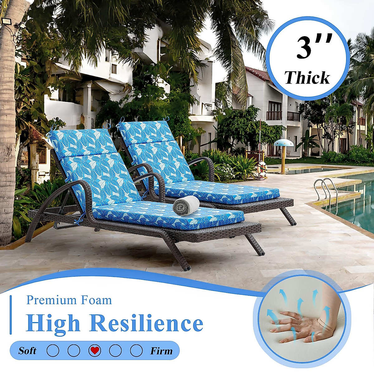 FILUXE Chaise Lounge Cushions Outdoor Furniture, High-Density Foam Chair Cushion with Ties, Weather & Fade Resistant - Patio Recliner Chairs Cushions for Lawn,Pool & Beach 72x21x3 Inch, Ash Leaves