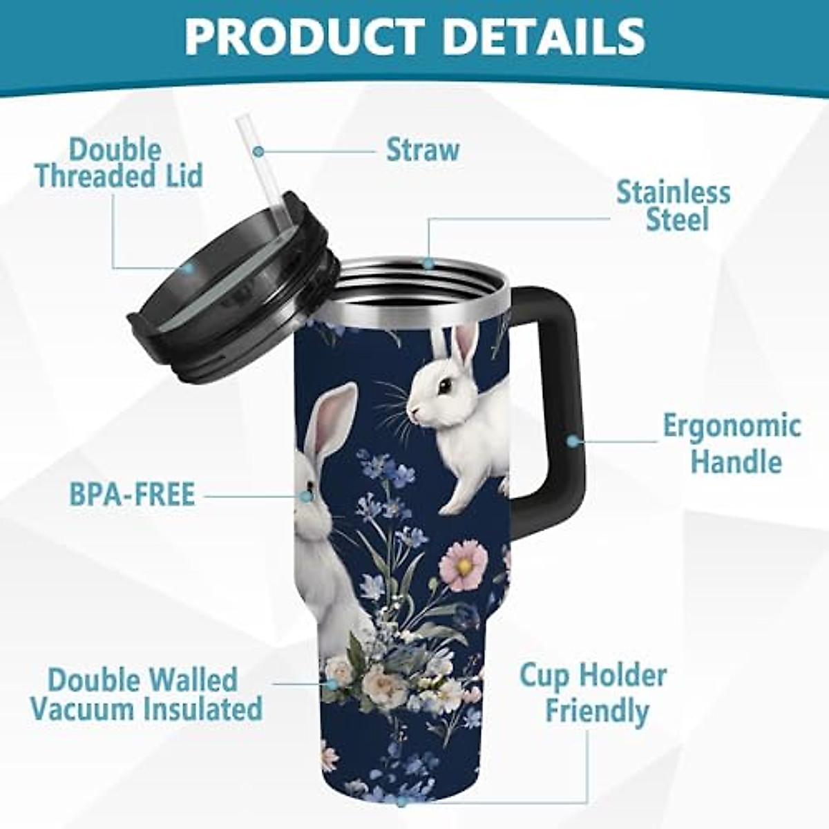 Bokkoy Cute Rabbits 40 oz/30 oz Tumbler with Handle and Straw Stainless Steel Tumbler with Lid Reusable Vacuum Insulated Cup