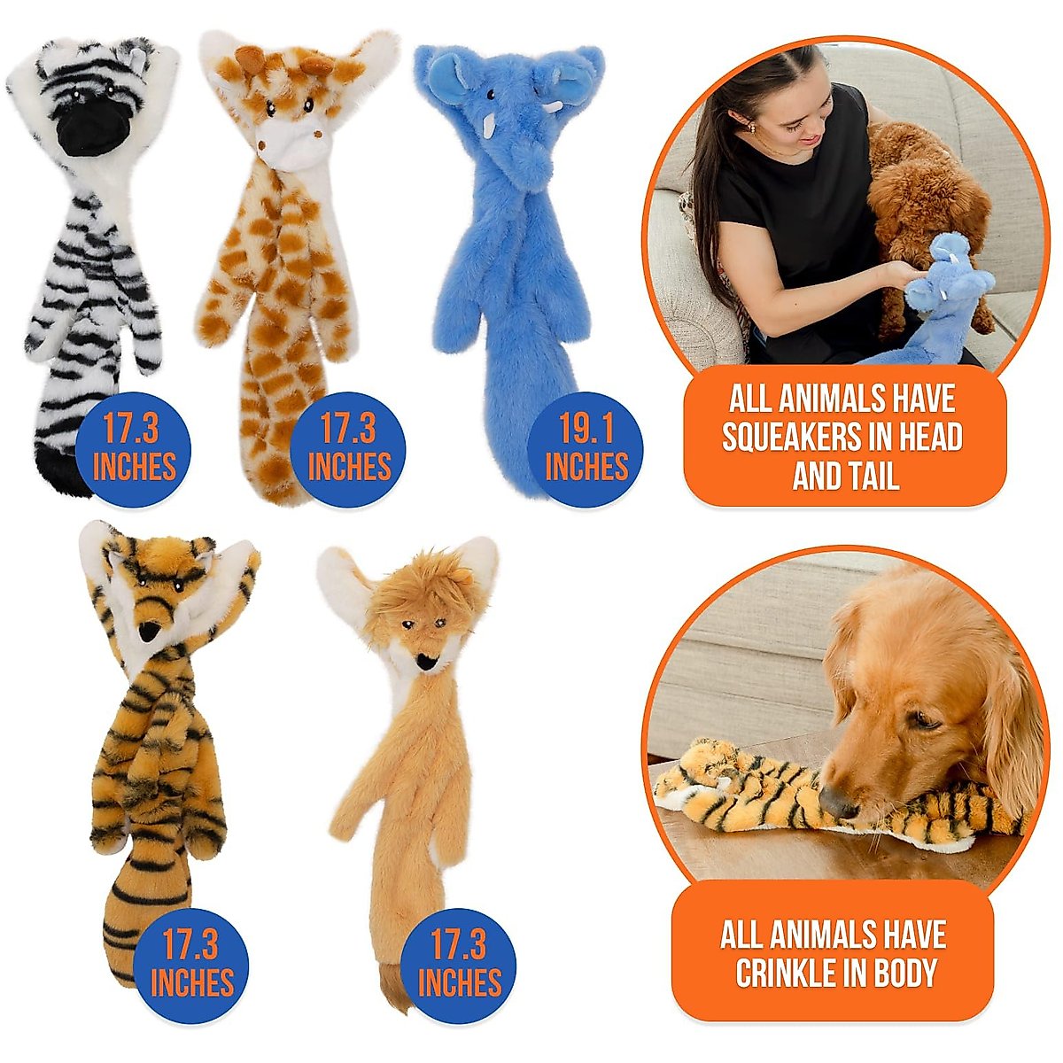 Squeaky No Stuffing Dog Toy Set – New & Improved Edition Plush Crinkle Dog Toys for Small, Medium & Large Breeds – Soft Tough Stuffless Puppy Chew Squeak Animal Supports Pet Health & Well Being 5 Pack