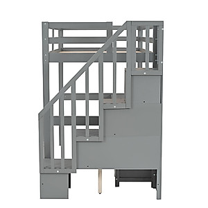 Harper & Bright Designs Twin Size Loft Bed with Storage Stairs and Built-in Desk, Wood Twin Loft Bed with Double Storage Drawers, Space Saving Junior Loft Bed for Kids Girls Boys, Grey