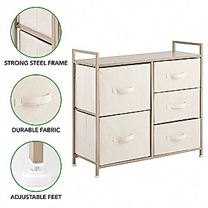 mDesign 30.03" High Steel Frame/Wood Top Storage Dresser Furniture Unit with 5 Removable Fabric Drawers - Tall Bureau Organizer for Bedroom, Living Room, Closet - Lido Collection - Cream/Beige/Gold
