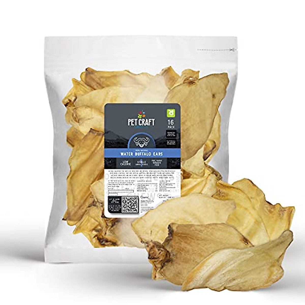 Pet Craft Supply Pure Natural Grass Fed Water Buffalo Ear Value Pack of 16 Ears Free Range Durable Tough Dog Chew and Treat for Aggressive Chewers and Puppies