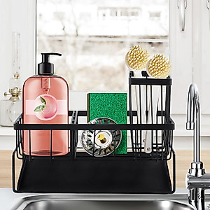 Tendry Sponge Holder for Kitchen Sink Caddy Organizer, Dish Soap Sponge Caddy with Brush Holder, Rustproof Sink Accessory with Dividers for Storage Kitchen Gadgets