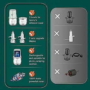 Portable Cordless Electric Baby Food Processor/Mini Food Chopper Rechargeable 150W/1200mAh 2 Glass Cups 10oz/20oz Containers for Vegetable/Fruit/Meat, Baby Foods Container with Silicone Baby Spoon for Dicing, Mincing and Puree (2 cups included）