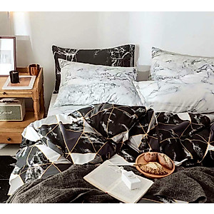 Houseri Queen Comforter Set Black White Grey Geometric Marble Plaid, 3 Pieces All Season Modern Chic Black Gold Line Bedding Sets Queen Size Soft Comfy Women Men Boys Aesthetic Diamond Grid Bed Quilt
