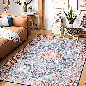 SAFAVIEH Tucson Collection Machine Washable Slip Resistant 6' x 9' Blue/Rust TSN110M Vintage Persian Medallion Living Room Dining Bedroom Area Rug