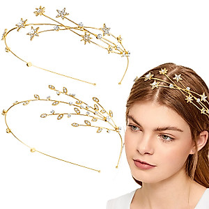 Aswewamt 2 Pcs Gold Rhinestone Alloy Five-pointed Star Headbands Bridal Hair Hoop Decorative Headpiece Wedding Hair Accessories Ornaments for Elegant Women Girls