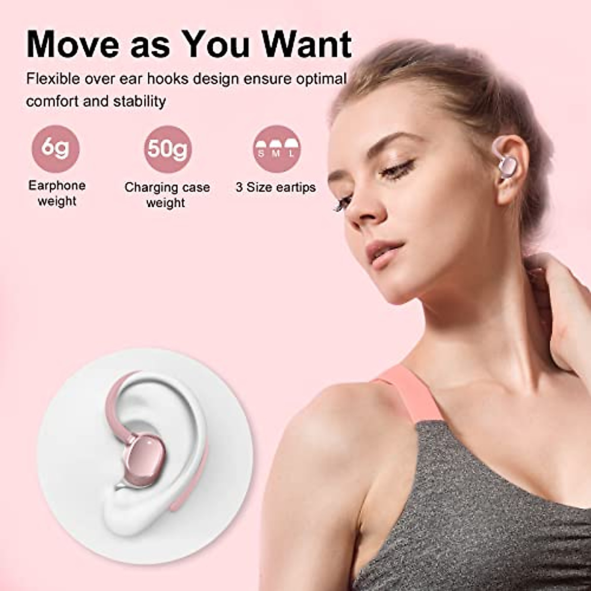 sprtoybat Wireless Earbuds, HiFi Stereo Bluetooth 5.3 Running Headphones with Dual LED Display 30Hrs Playtime, Built-in Mic, Type-C, in-Ear Bluetooth Earphones with Earhooks for Sport, Rose Gold