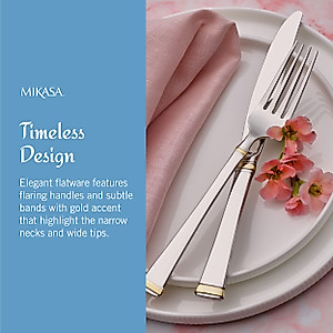Mikasa Harmony 65-Piece Stainless Steel Flatware Set with Serveware, Service for 12, Gold-Accent