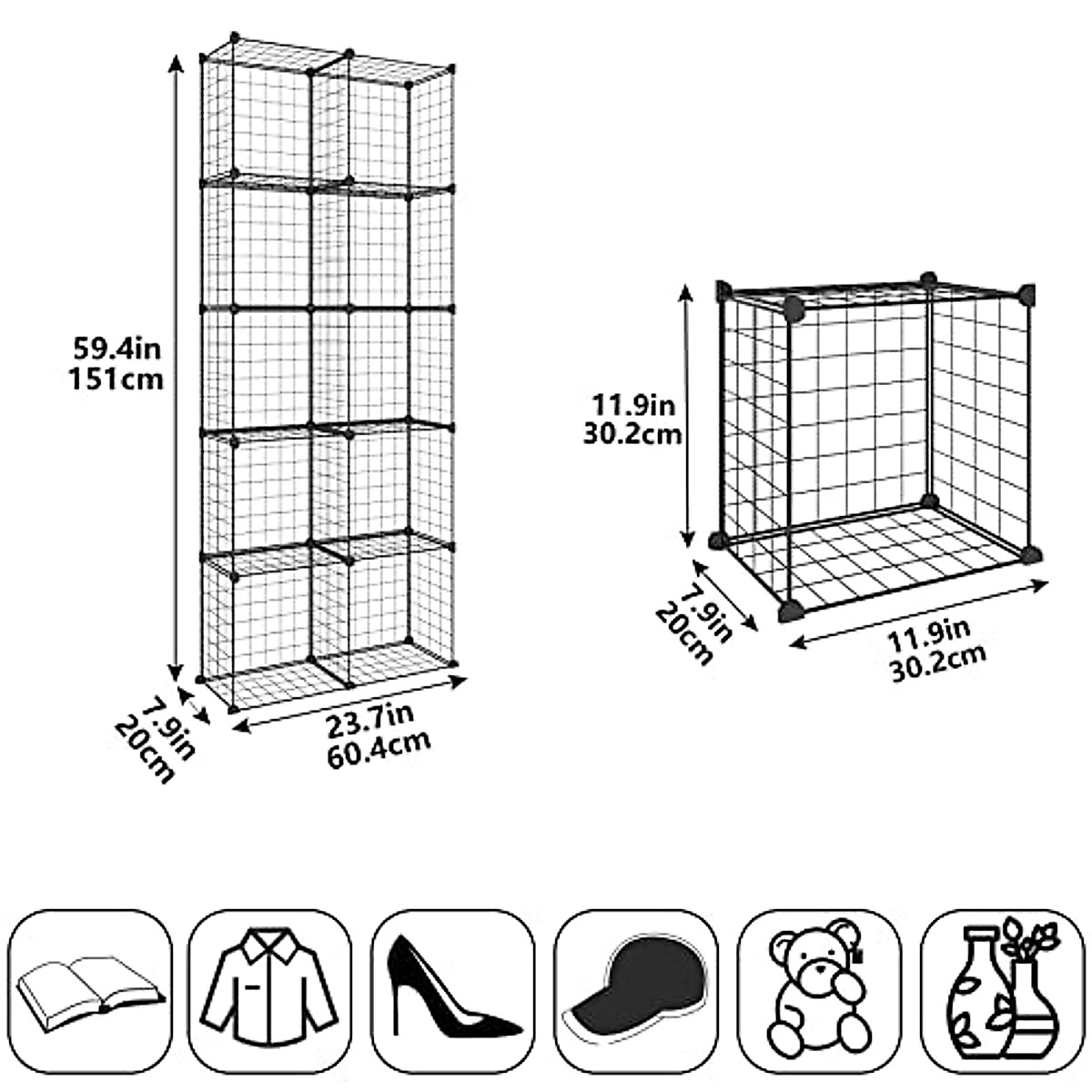 Dttwacoyh Bookcase Cube Modular Storage Shelves, Modern Simple Combination Bookshelf,Multi-Use DIY Wire Grids Folding Storage Organizer for Books, Toys, Clothes, Tools,Black,Double Row 5 Floors