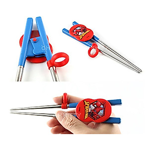 Lilfant Super Hero Spider Stainless Steel Training Chopsticks, Finger Ring Can Be Moved for Right or Left Handed, Made in Korea (A), 6.7in