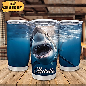 Hyturtle Personalized Gifts Shark Lover - Shark Printed Customized Name Stainless Steel Tumbler 20 oz With Lid - Idea Cute Sea Animal Lover Gifts For Women, Girl, Kids On Birthday, Christmas