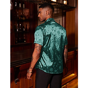 COOFANDY Men's Jacquard Satin Button Down Shirts Short Sleeve Silk Shirts Casual Summer Beach Shirt Green Large