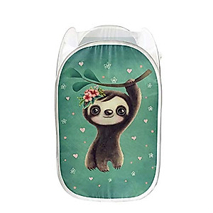 GOSTONG Pop Up Laundry Hamper Foldable Mesh Laundry Basket Collapsible Portable Mesh Clothes Hamper Home Organization with Pocket,Cute Sloth