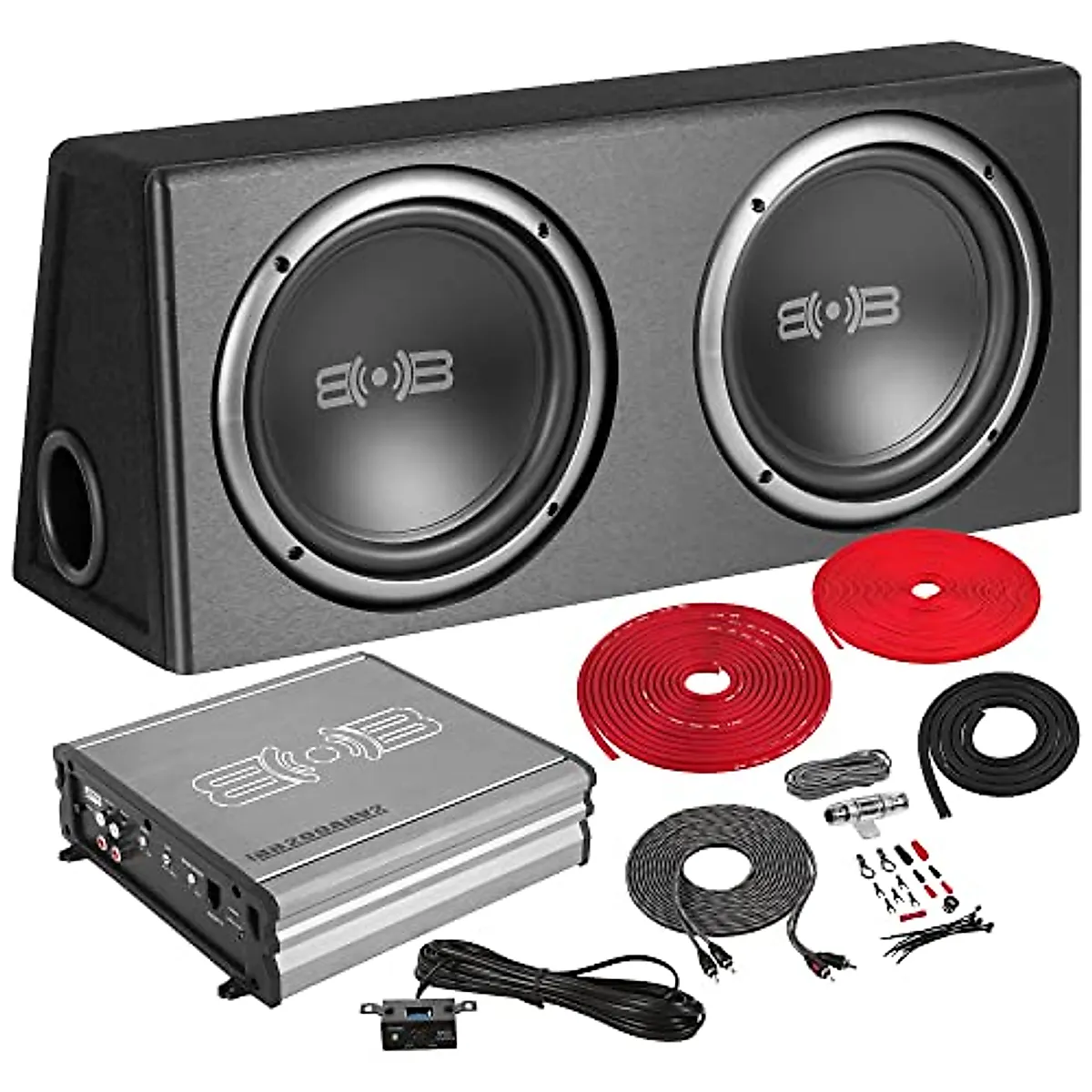 BELVA BPKG Series Car Subwoofer with Ported Enclosure, Monoblock Amplifier, Wiring Kit and Remote Bass Knob (1000W Dual 10")