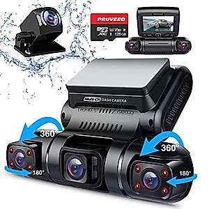 PRUVEEO Dash Cam, 4 Channel Camera FHD 1080Px4, Front, Left, Right and Rear, Front and Rear Inside, GPS, 256 GB Max, Free 128GB Micro SD Card, D90-4CH