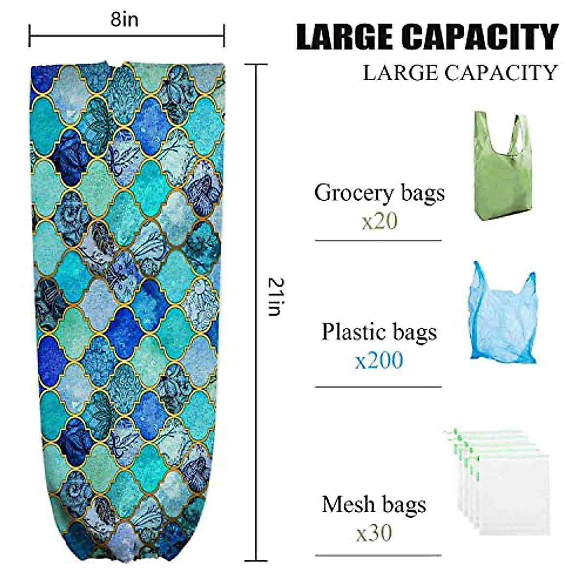 WAWEKMUZ Cute Plastic Bag Holder,Blue Teal Pattern,Grocery Bags Dispenser,Shopping Bag Organizer,Gifts for Kitchen Decor