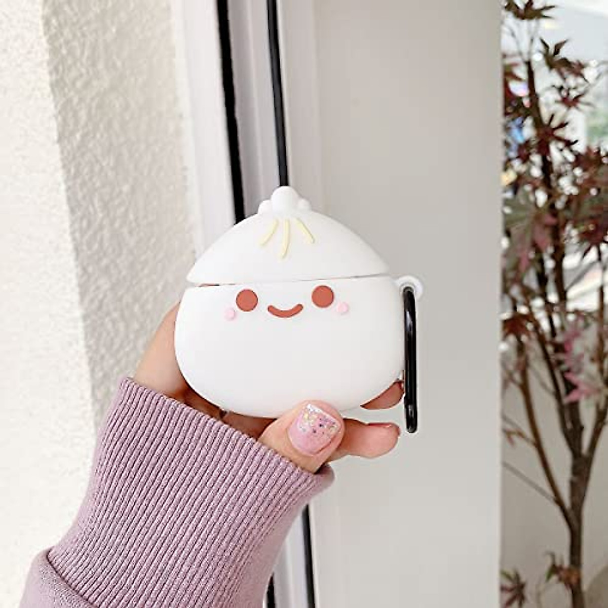 Cute AirPod Case with Keychain Steamed Stuffed Bun Face Design Full Protective Silicone Cover Compatiable with AirPods 1st & 2nd Generation Case for Women and Kids
