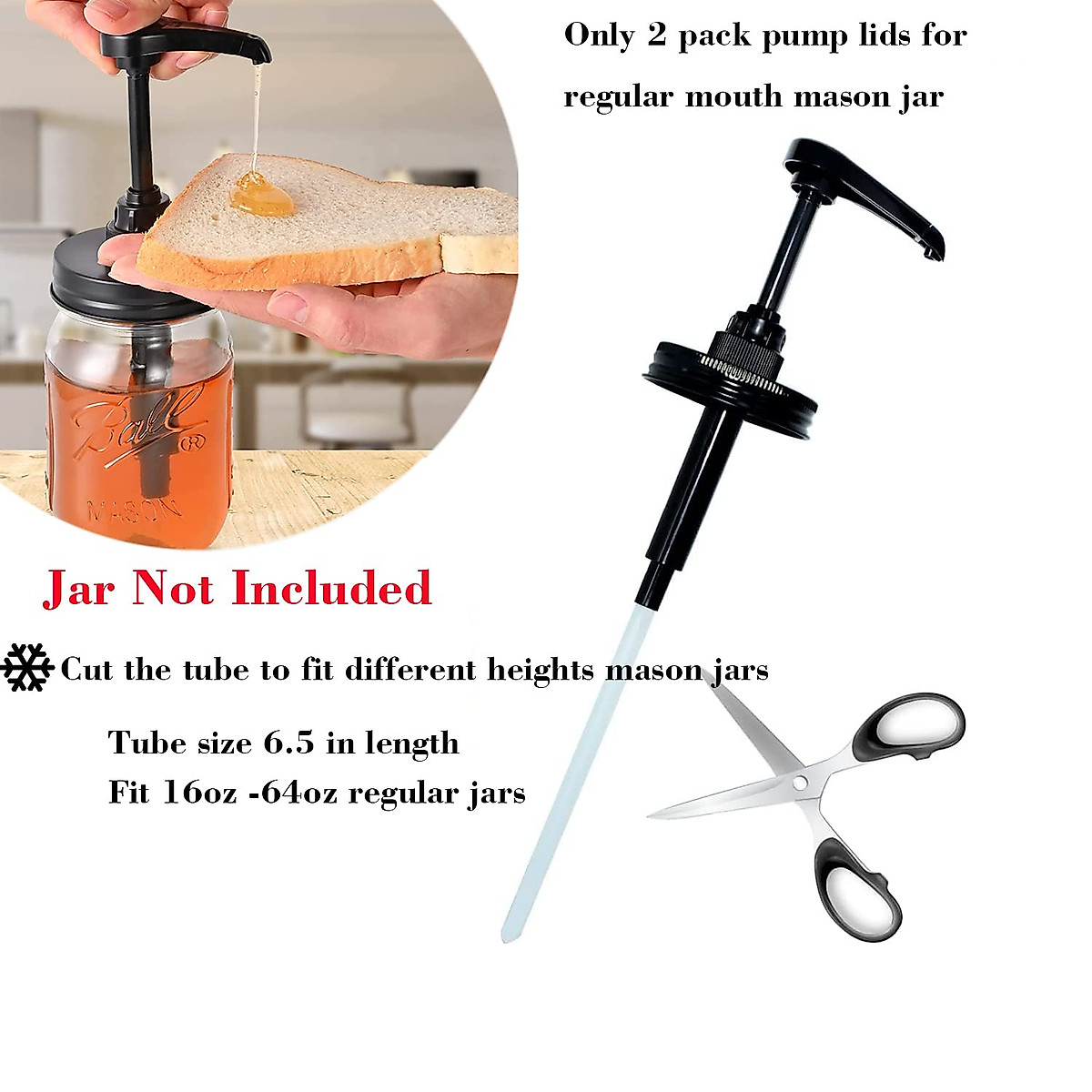 GLUKIEWT Mason Jar Syrup Dispenser Pump Lids For Regular Mouth Jar (2 Pack) Coffee Syrup Dispenser Food Grade,Airtight & Leak & Rust Proof Dispenser Pump Lids (Jar Not Included)