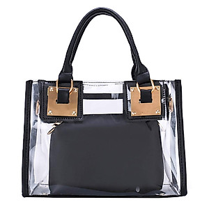 RainboSee Women 2Pcs Small Tote Clear Shoulder Top-handle Bag PVC Transparent Satchel Candy Handbag Clutch Purse Wallet Black