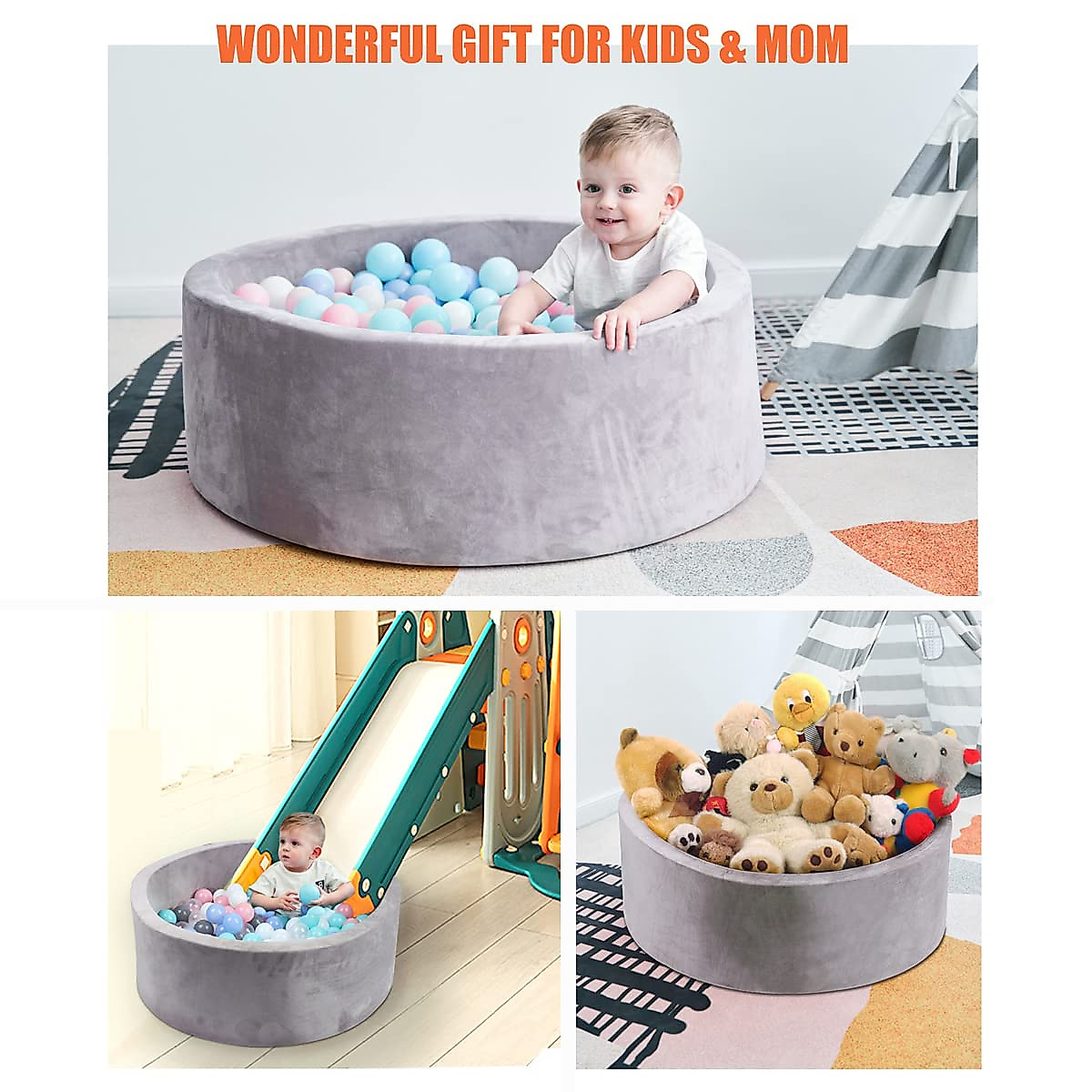 LEKILV Foam Ball Pit for Toddlers, 1-3 Year Old Kids Baby Gift Indoor, Soft Velvet Fabric, Balls or Toys Storage Organizer (Note: no Ball)