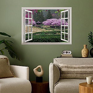 wall26 Modern White Window Looking Out Into a Japanese Garden with Cherry Blossom Trees and a Kiosk - Wall Mural, Removable Sticker, Home Decor - 36x48 inches