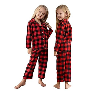 Schbbbta Kids Button Down Sleepwear Pjs Boys & Girls 2 Piece Plaid Pajama Set, Red Black, 4-5T = Tag 120