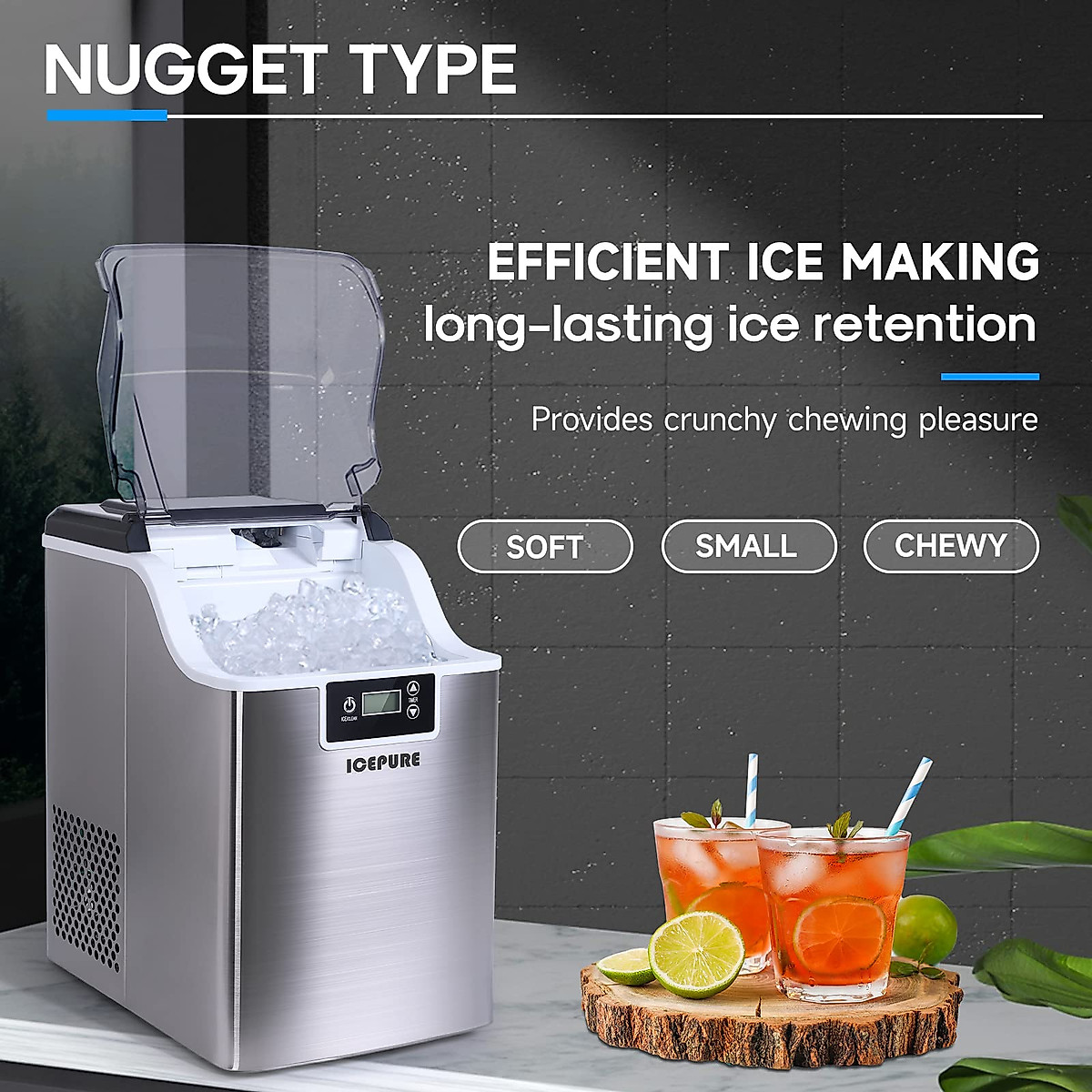 ICEPURE Nugget Ice Maker Countertop, Compact Ice Machine Portable, Make 44Lbs/24H, Self-Cleaning, Small Tabletop Icemakers, Crushed Soft&Chewable/Chewy Ice for Home/Kitchen/Office (Stainless Steel)