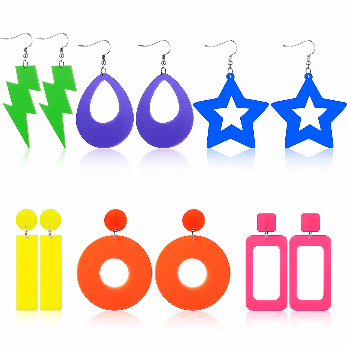 Hinly 6 Pair Halloween Neon Earrings Retro Geometric Neon Accessories 80s Jewelry for Women Simple Circular Oval Acrylic Dangle Drop Earrings Colorful Pendant Hoop Earrings for Costume Party, 6 Styles
