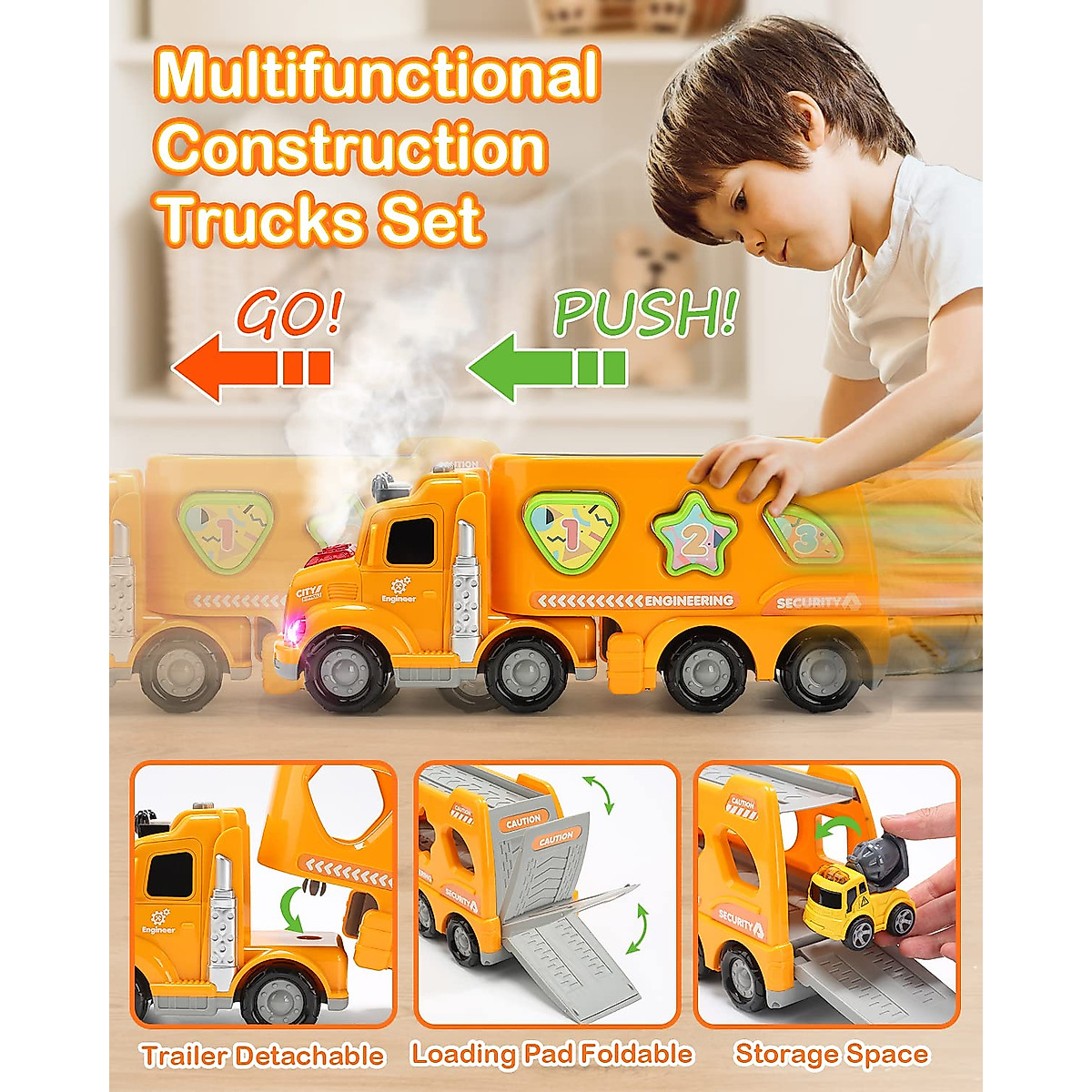 HOLY Fun 5 in 1 Construction Truck Toy Set, Transport Carrier Truck with Spray Sound& Light, 4 Small Engineering Mixer Excavator Crane Dump Car, Friction Power Truck Set, Early Learning Gift for Kids