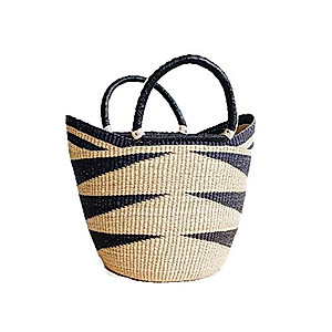 Large Yikene Ghanaian Wing U-Shopper - Ghana Bolga Basket Fair Trade - 16"-19" Across (Black & Tan)