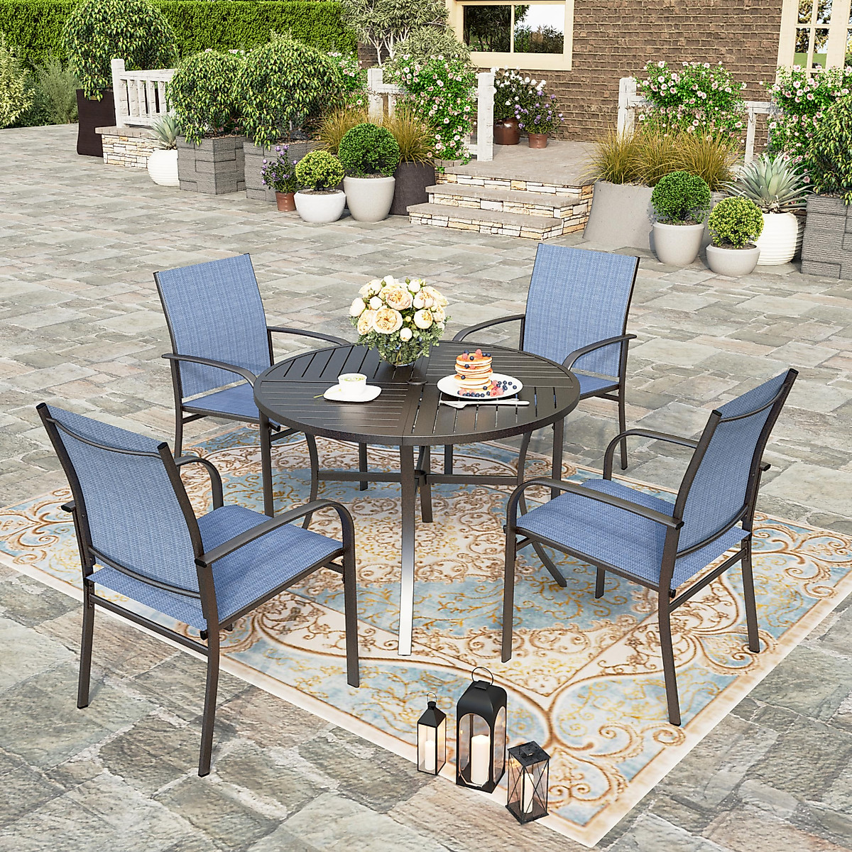 HERA'S HOUSE Patio Dining Chairs Set of 6, 36" Textilene Fabric Outdoor Chair with Wrought Iron Metal Frame Support 350lbs for Lawn Garden Backyard Kitchen, Blue