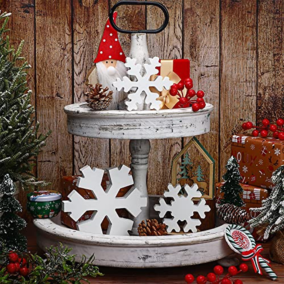 3 Pcs Winter Wooden Snowflake Decor Winter Snowflake Table Signs Wonderland Snowflake Wood Blocks Farmhouse Christmas Tiered Tray Decorations for Xmas Country Table Shelf (White)