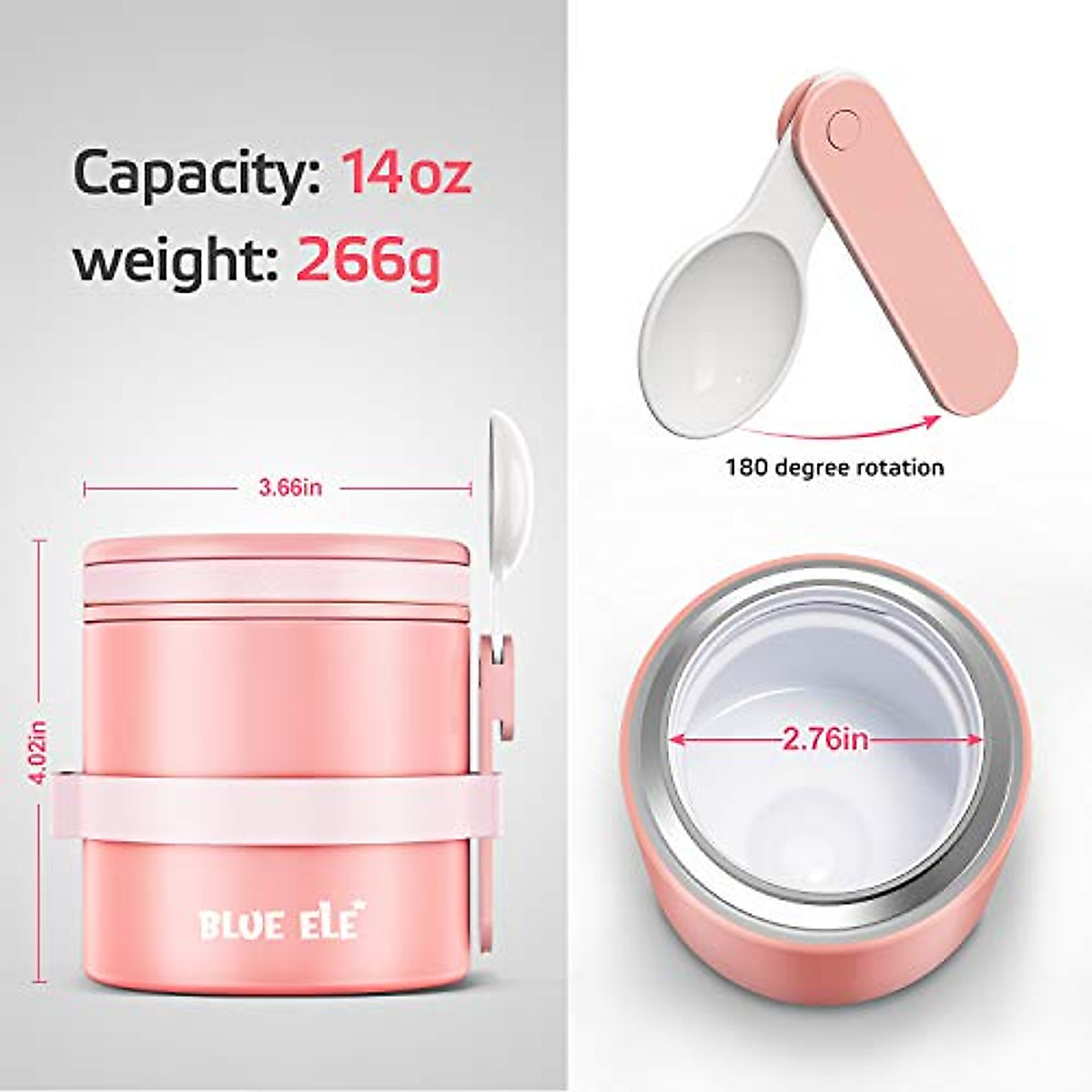 BLUE ELE Leakproof, Vacuum Insulated Thermos Hot Lunch Containers with Ceramic-Coated Stainless Steel, Easy Grip Lid, and Folding Spoon, 13.5oz, Carnation Pink
