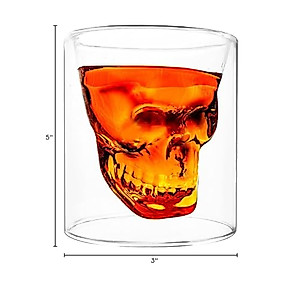 Transparent Skull Double Walled Drinking Glass - Insulated Double Walled Cup for Cocktail, Beer, Whiskey, Bourbon, Vodka, and Scotch Borosilicate Glassware - Keeps Drinks Cold & Hot - Macabre Design