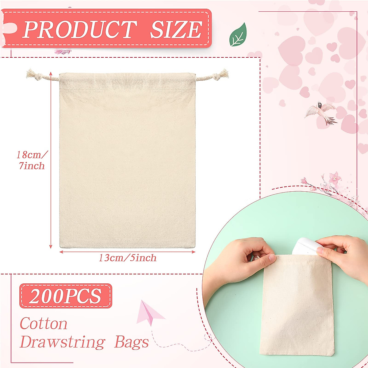 Wesnoy Reusable Cotton Drawstring Bags, 200 Pieces Muslin Bag 5 x 7 Inch for Wedding, DIY Craft, Home Party Supplies, Gift Wrap, Jewelry Pouch