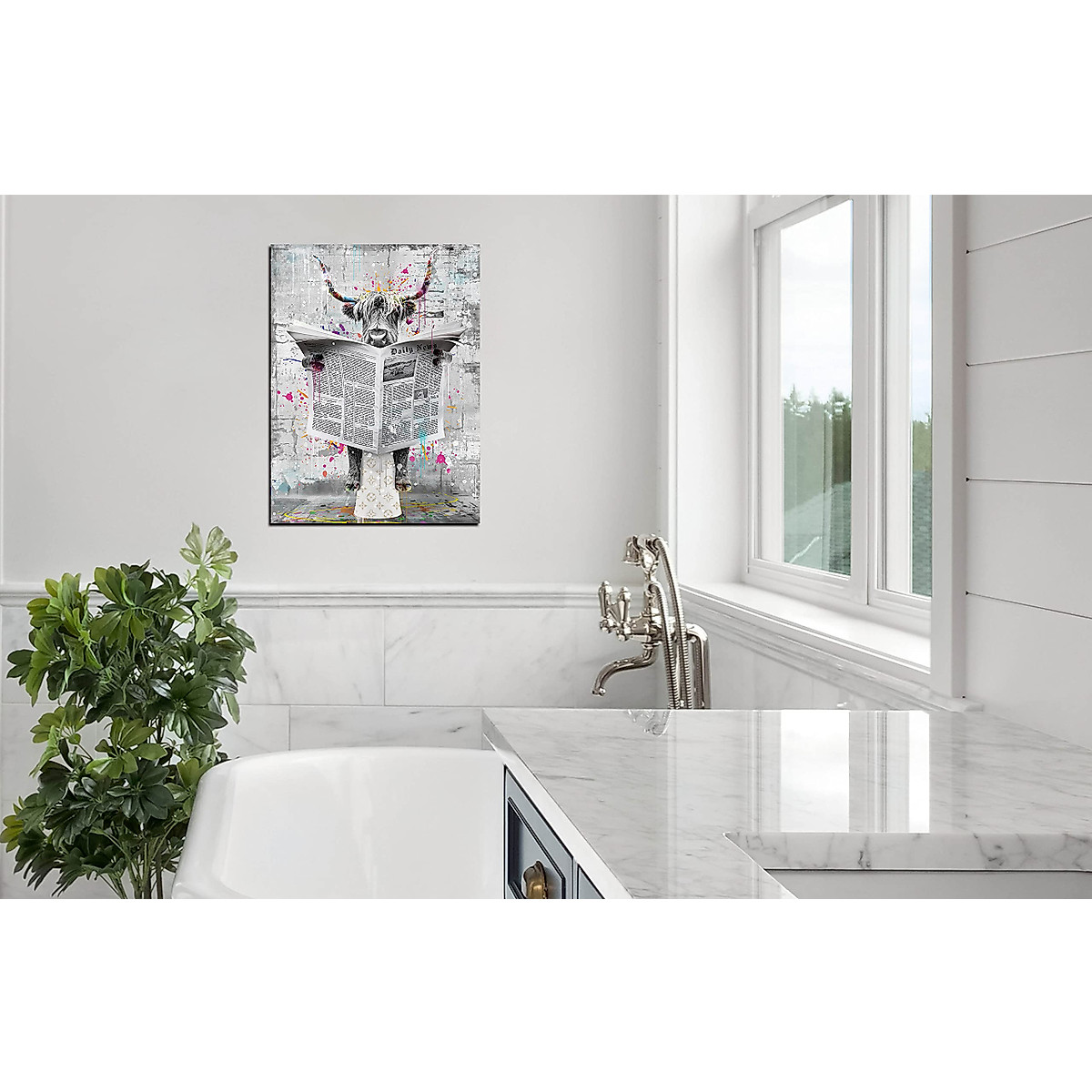 GUGIKA Highland Cow Canvas Wall Art for Bathroom, Funny Graffiti Bedroom Wall Decor, Black and White Painting for Living Room, Restroom Picture, 12x16 Inch