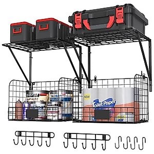 ThreeHio 2 Pack Garage Shelves Wall Mounted with Wire baskets, Heavy Duty Garage Wall Shelving with Hooks, Wire Shelf Baskets Tool Organizer for Home Garden Garage Organization and Storage