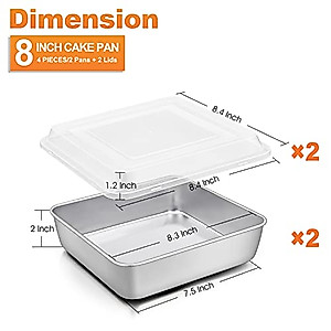 Herogo 8”x 8” Square Cake Pan, Stainless Steel Square Baking Pan with Lid, Cakes Brownie Lasagna Pan Set, 2 Pans + 2 Lids, Healthy & Durable, Dishwasher Safe