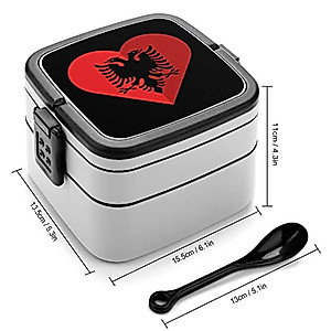 Albania Flat Heart Flag Lunch Box Portable Double-Layer Bento Box Large Capacity Lunch Container Food Container with Spoon