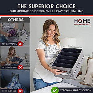 Multifunctional Jeans Organizer for Closet- Foldable Washable Wardrobe Closet Pants Organizer with Label Windows, Labels, Carrying Handles & 5 Large Grid Removable Dividers- Gray Wood Handles, 3 Pack