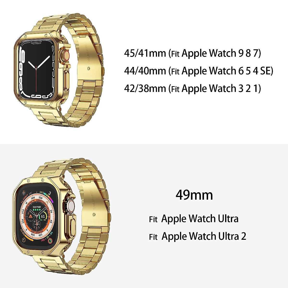 Compatible with Apple Watch Ultra 2 Band and Case, Stainless Steel Metal Chain with TPU Cover, Smart-Watch Link Bracelet Strap for men, Wrist-Band for i-Watch Ultra, 49mm, Gold